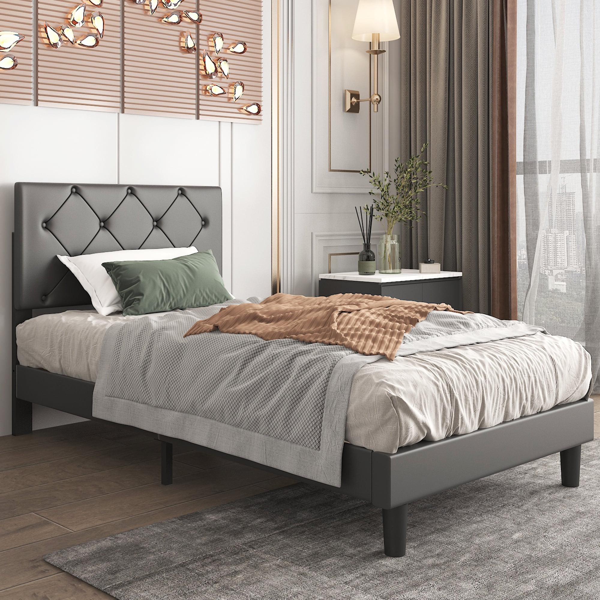 uhomepro Twin Bed Frame with Adjustable Faux Leather Headboard, Button ...