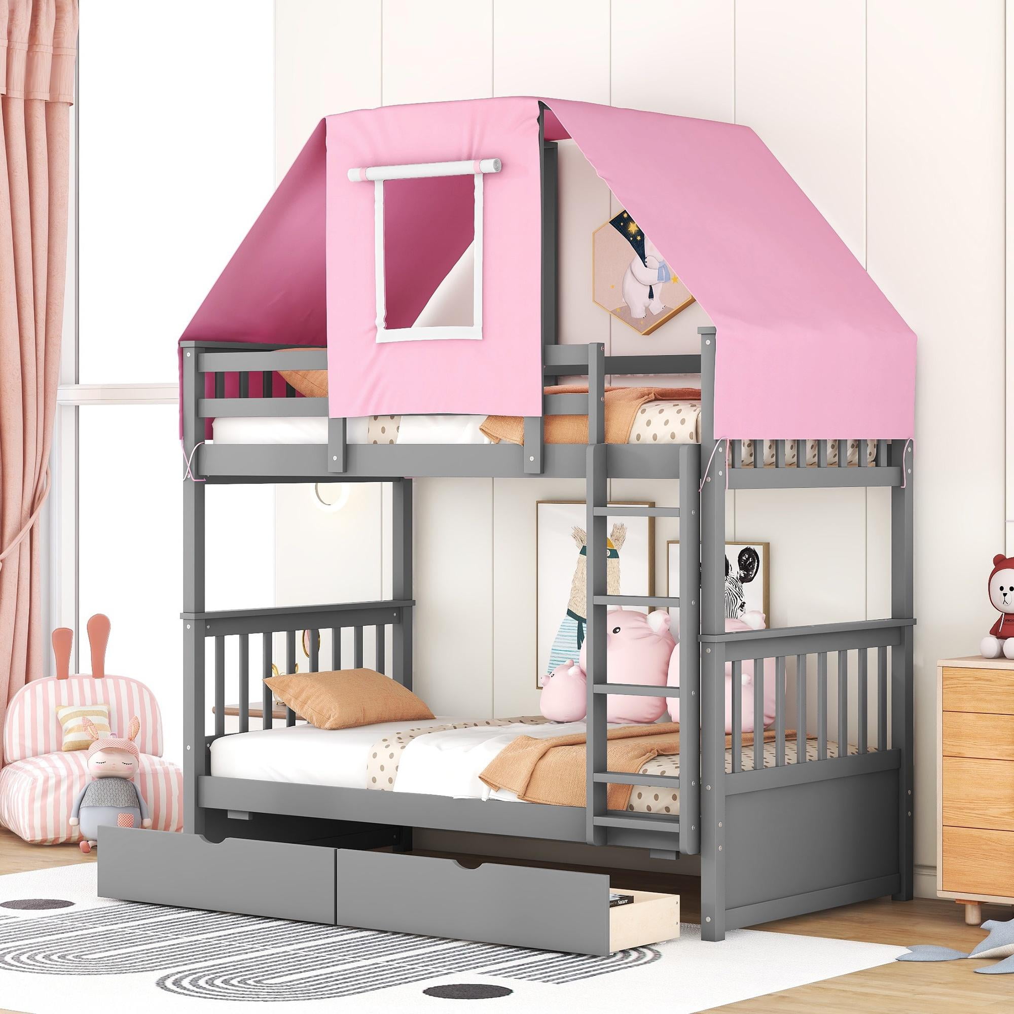 uhomepro Twin over Full Bunk Bed with Tent and Drawers, Solid Wood Bed ...