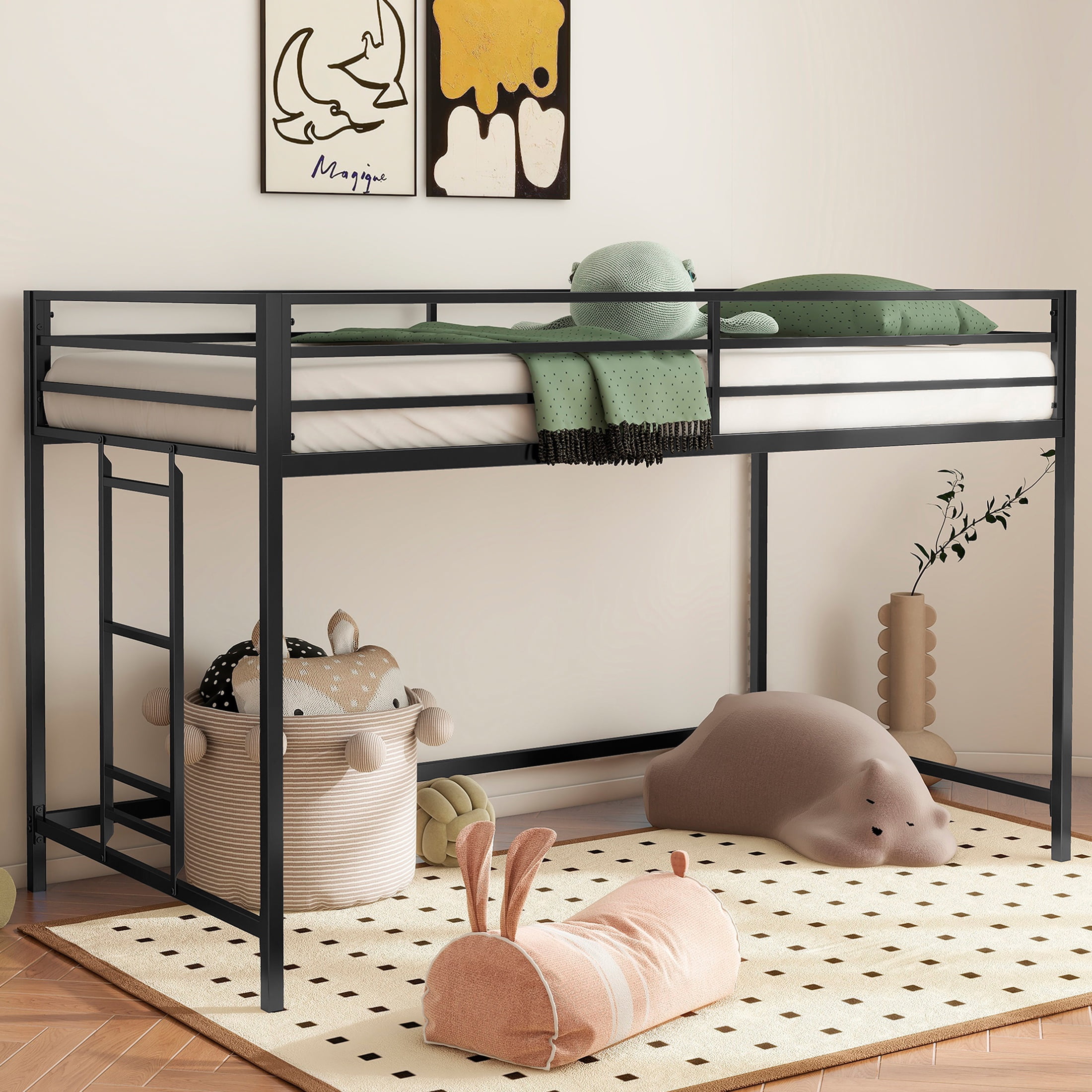 UHOMEPRO Junior Twin Loft Bed, Metal Twin Loft Bunk, Classic Square ...