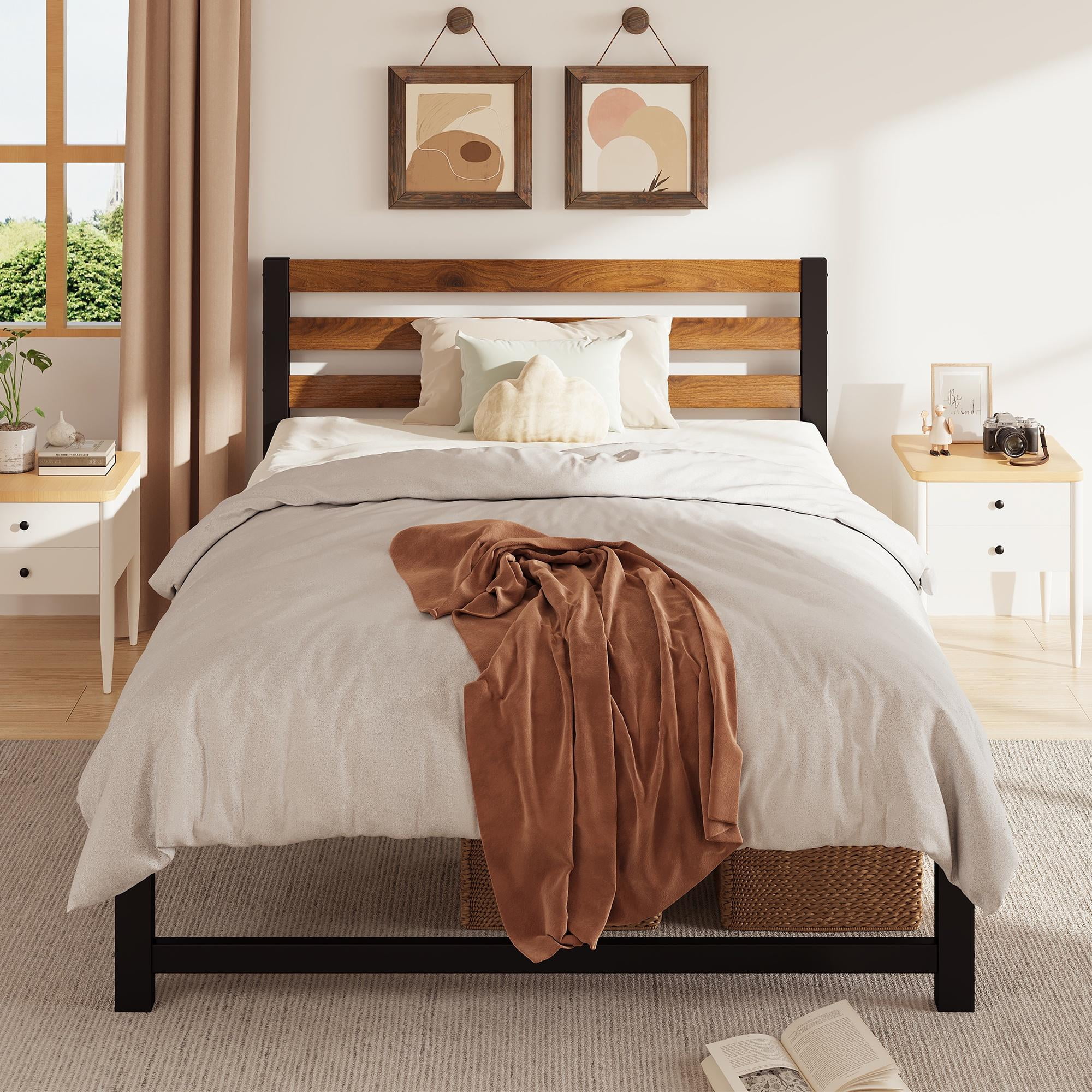 uhomepro Twin Platform Bed Frame with Headboard, Rustic Brown and Black ...