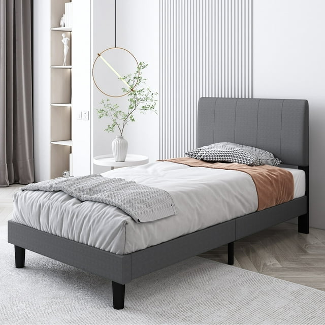 uhomepro Twin Upholstered Platform Bed Frame, Gray, Wood Slat Support ...