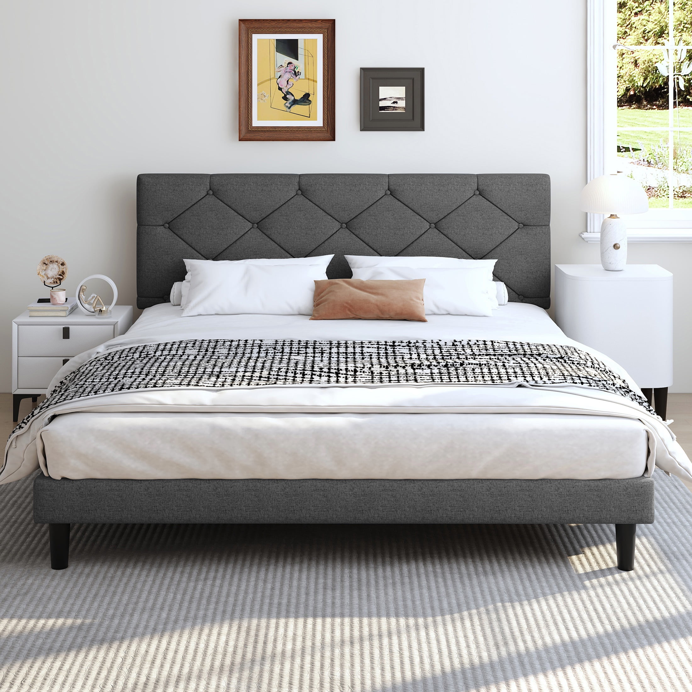 Free Shipping! UHOMEPRO Upholstered Platform Queen Bed Frame with ...