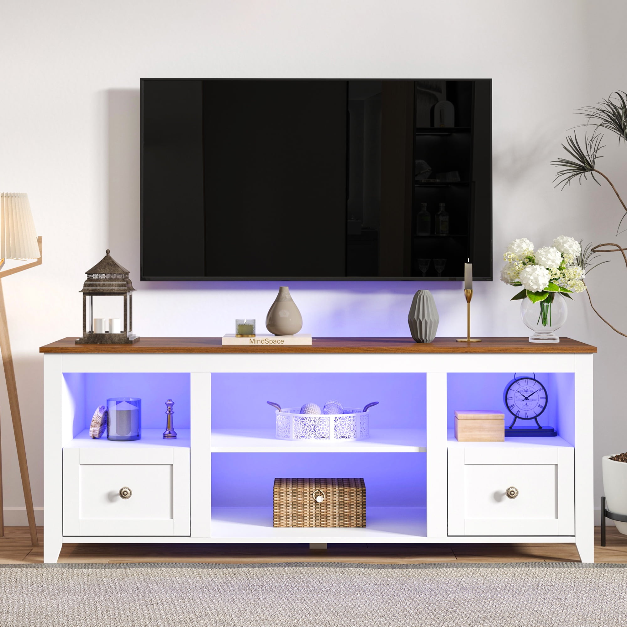 uhomepro White LED TV Stand for 75" TVs, Entertainment Center with ...