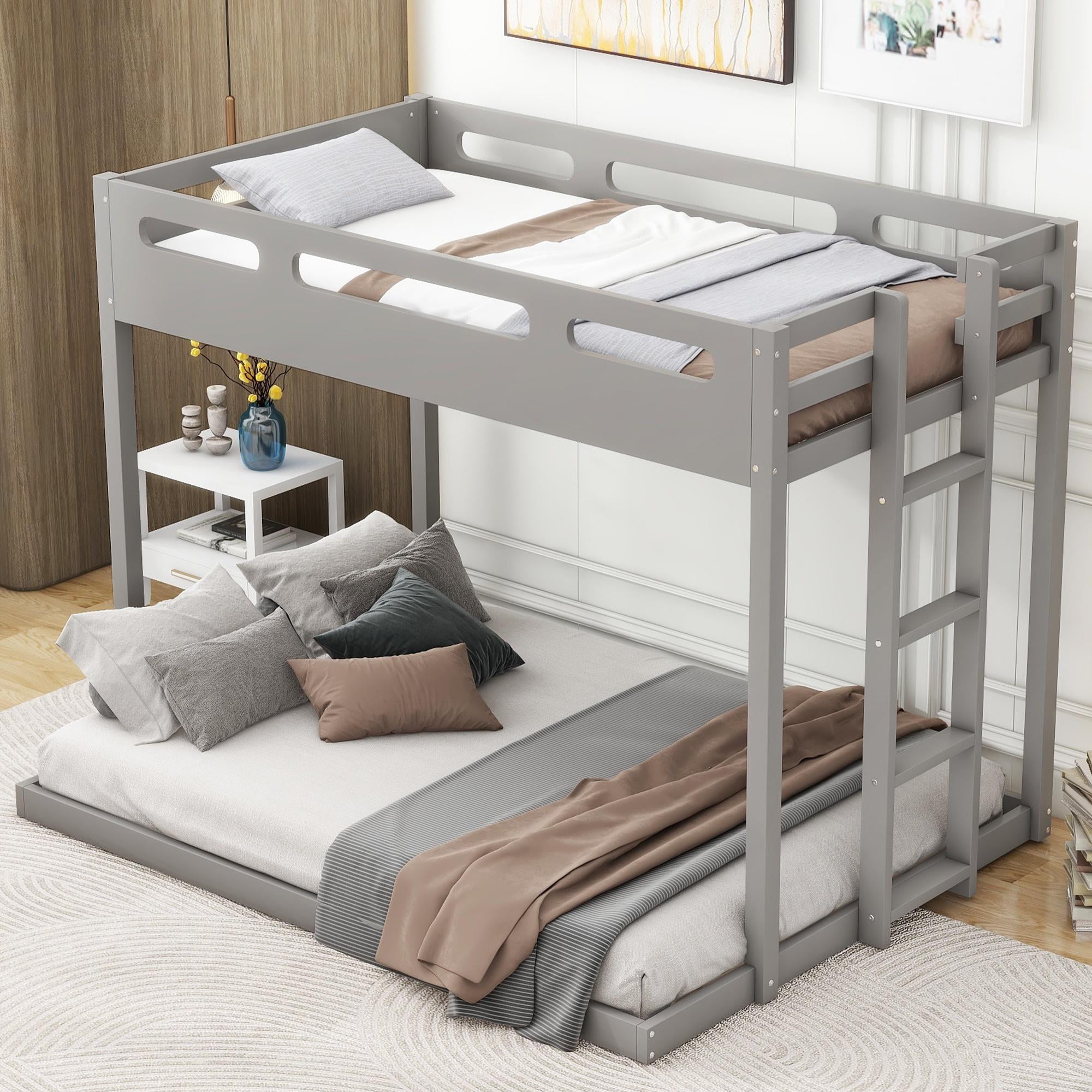 uhomepro Wood Twin over Full Bunk Bed, Low Floor Bunk Bed with Guard ...