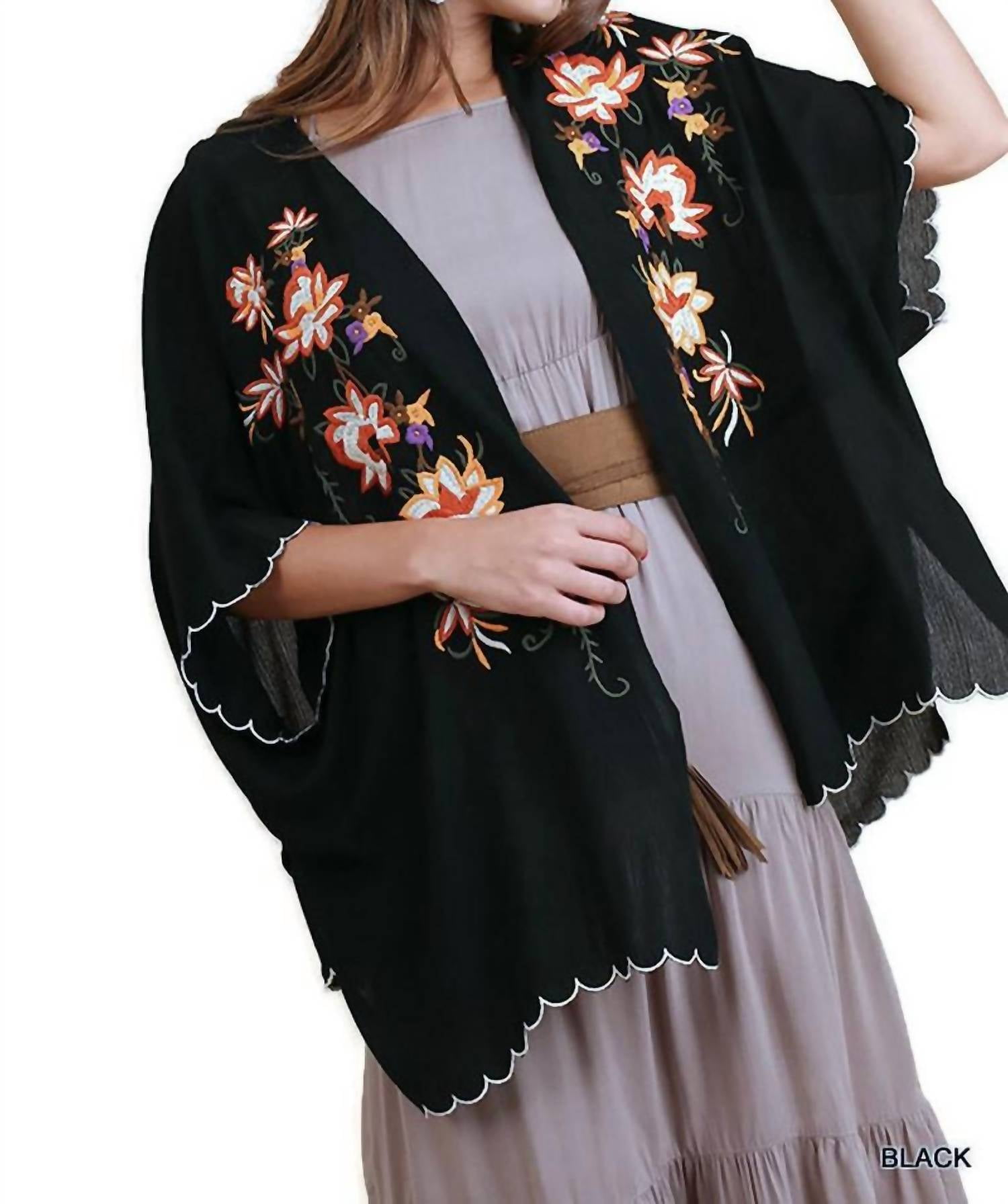umgee Floral Embroided Scallop Hem Kimono - Walmart.com