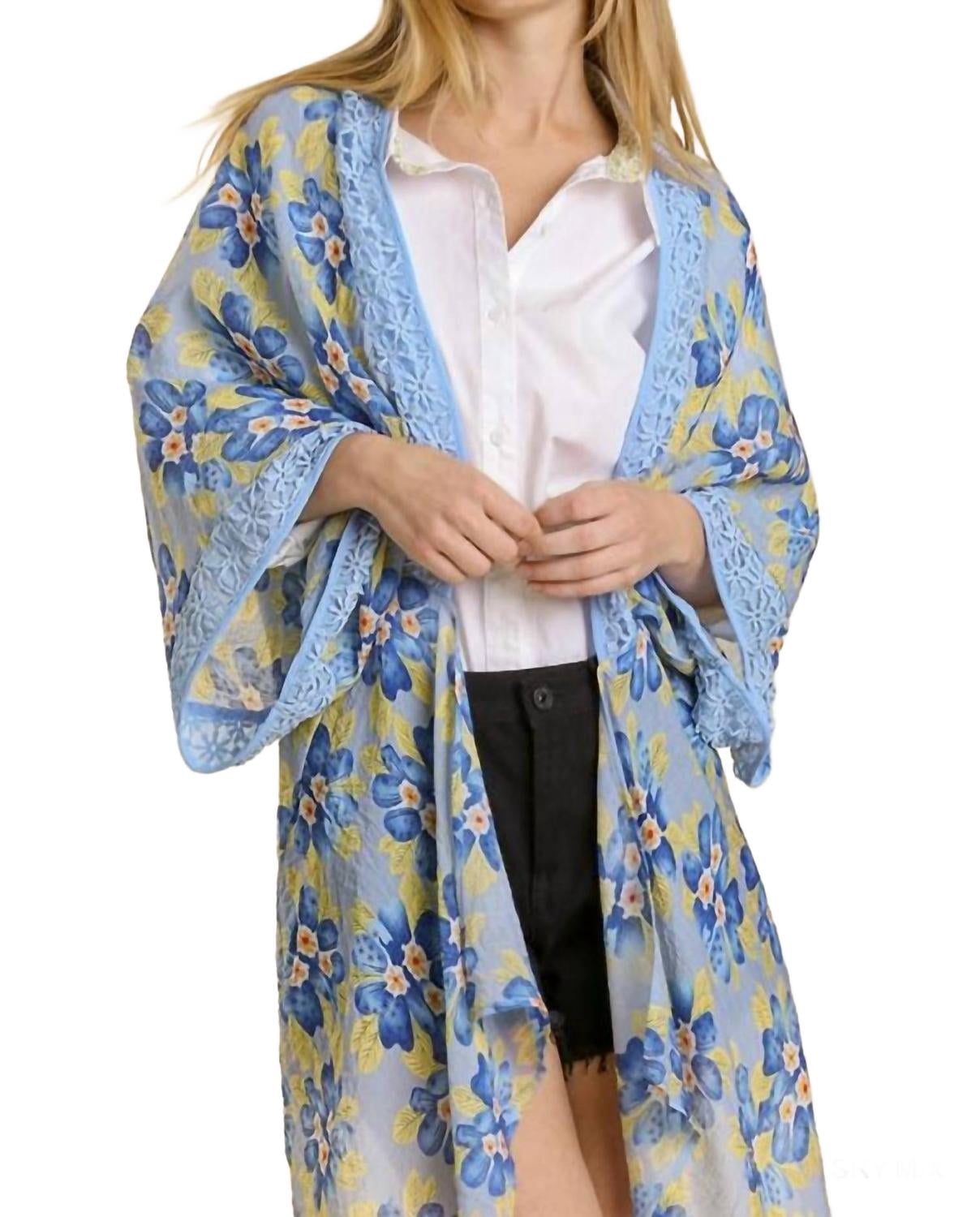 Umgee Sheer Floral Print Open Front Kimono With Crochet Detail ...