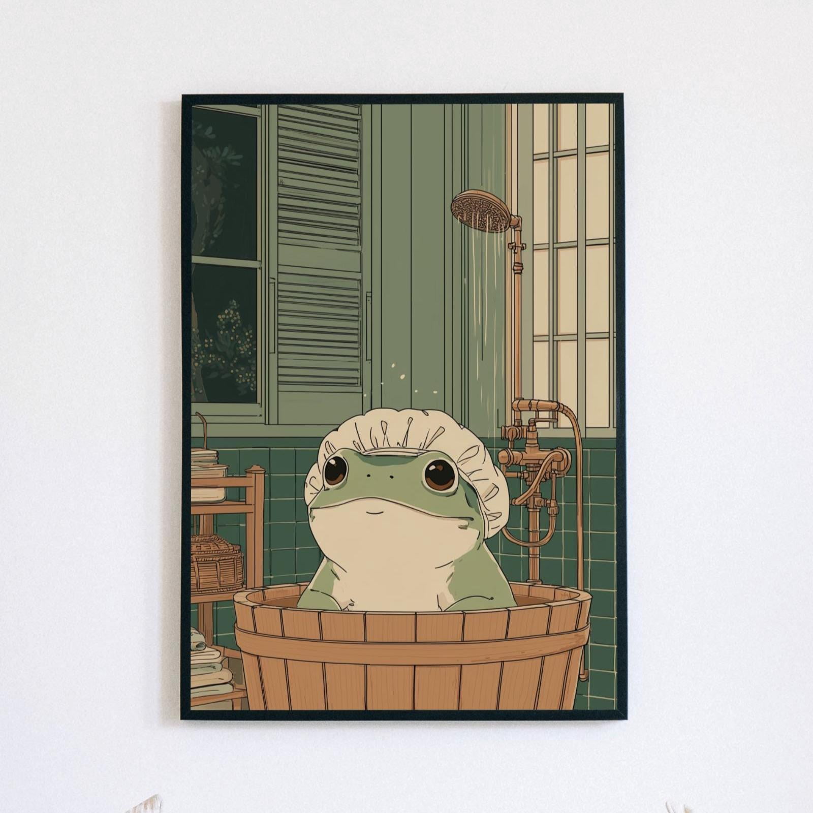 (unframed) Happy Frog Under Shower Print: Japanese Bath Tub Traditional ...