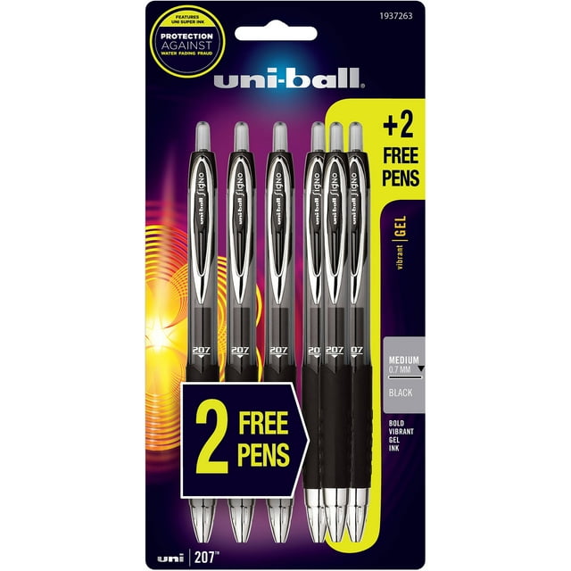 uni-ball 207 Retractable Gel Pens, Medium Point, Black, 4 + 2 Bonus ...