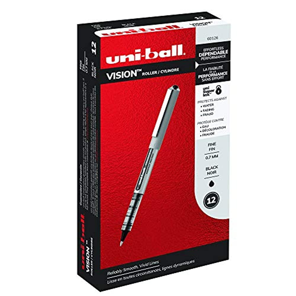 uni-ball Vision Rollerball Pens, Fine Point, Black, 12 Count, Water ...