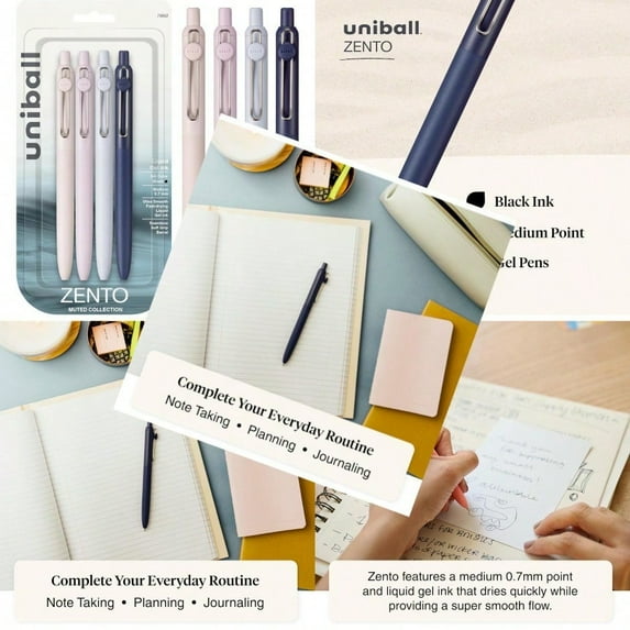 uni-ball Zento Gel Ink Rollerball Pens 4 Black Medium Point Smooth ...