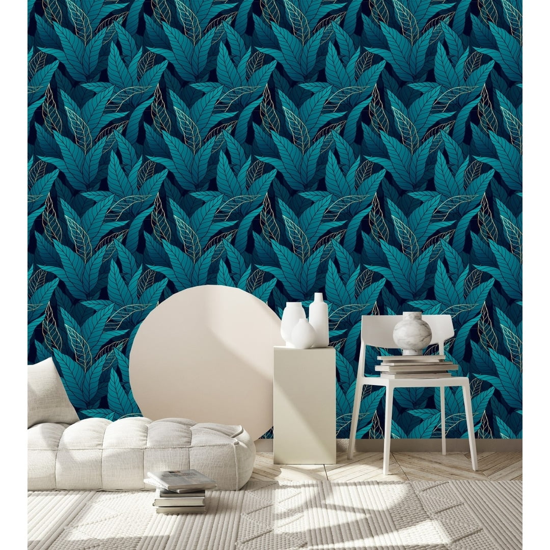 uniQstiQ Turquoise Leaves Wallpaper Peel and Stick and Prepasted 25"W x ...