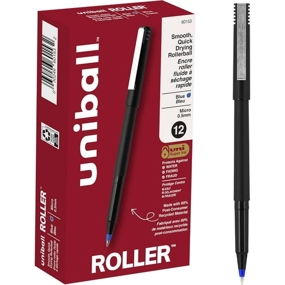 uniball Roller Ball Stick Pens, 0.5 mm Micro Tip, Blue, Pack of 12 ...