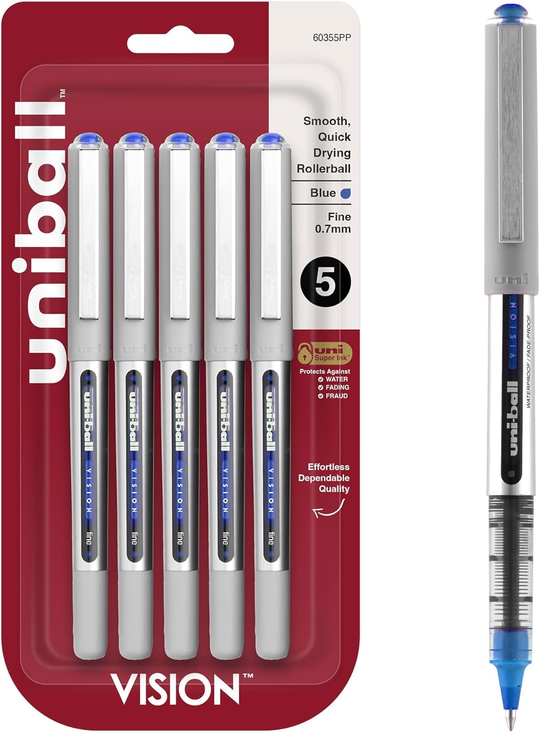 uniball Vision Rollerball Pens, Fine Point (0.7mm), Blue, 5 Pack ...