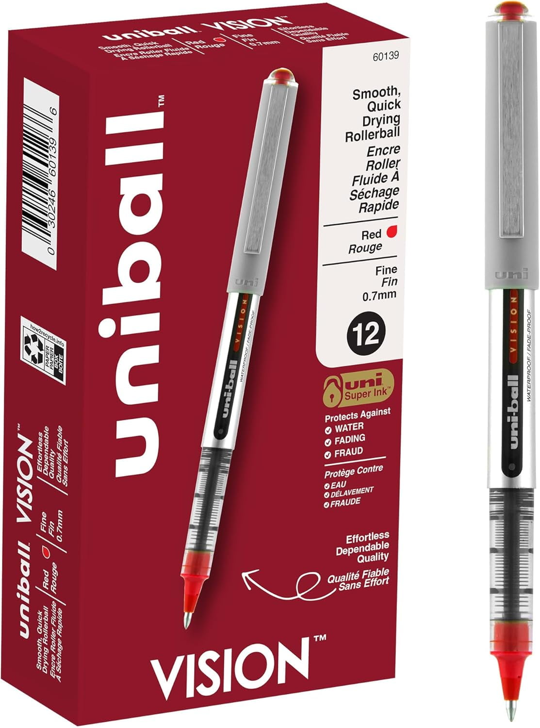 uniball Vision Rollerball Pens with 0.7mm Fine Point, Red, 12 Count ...