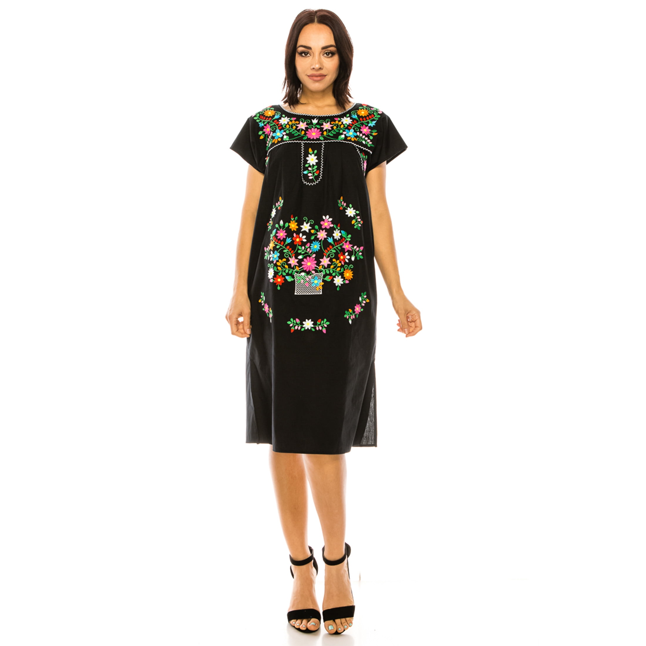 unik Embroidered Traditional Mexican Dress Colorful Flowers (Black 2 ...
