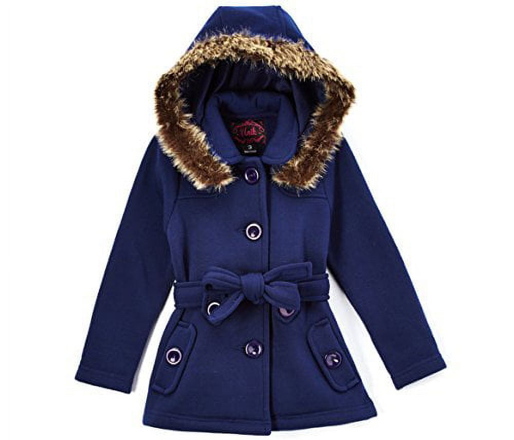 unik Girl Fleece Coat with Detachable Fur Lined Hood and Belt, Navy ...