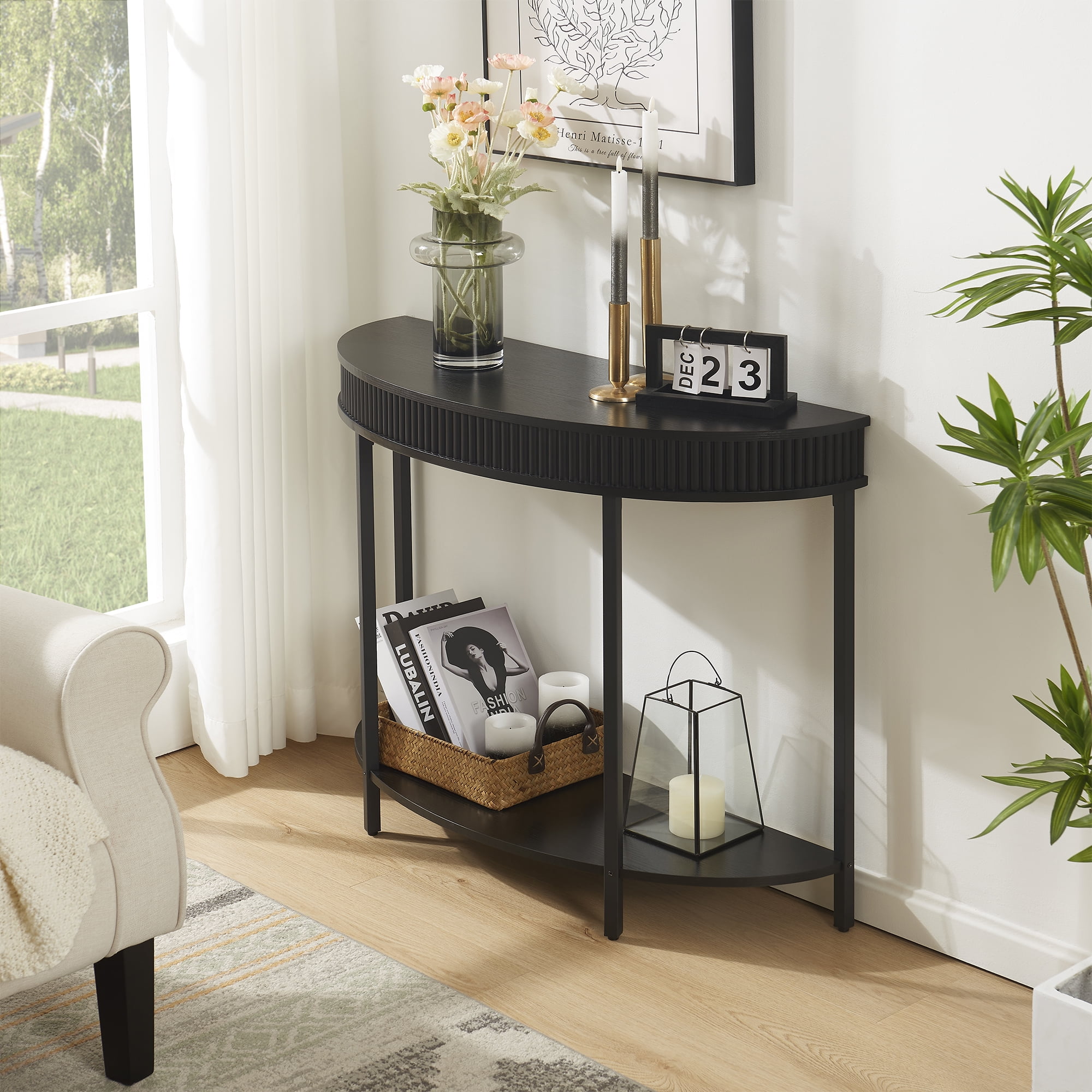 unipaws Fluted Half Moon Console Table, Modern 2-Tier Black Entryway ...