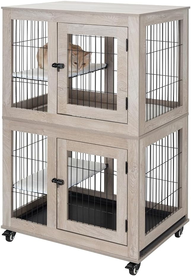 unipaws Wooden 2-Tier Cat Cage, Indoor Cat House with Removable Tray ...