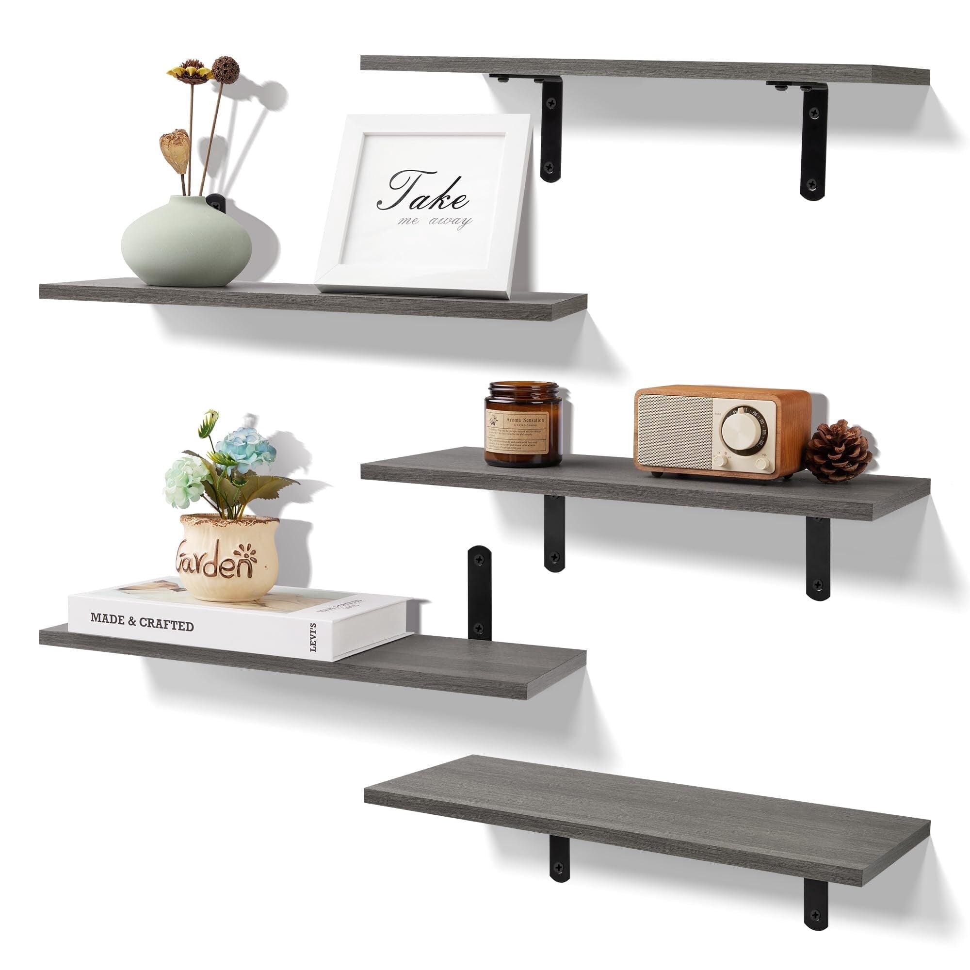 upsimples 5 PACK Wood Wall Mounted Floating Shelves, with Metal ...