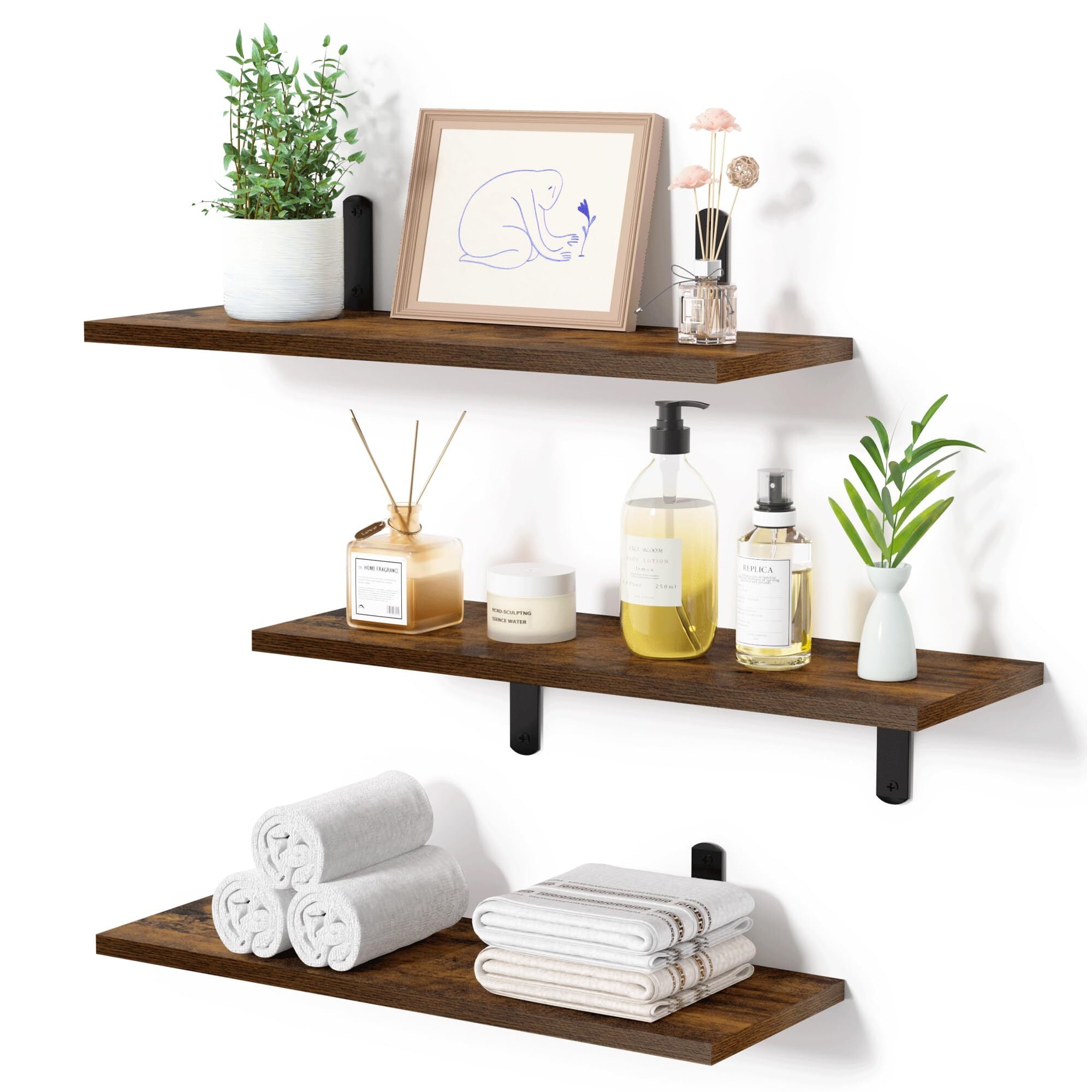 upsimples Floating Shelves Set, 3 Pcs Wall Mounted Wood Shelves for ...