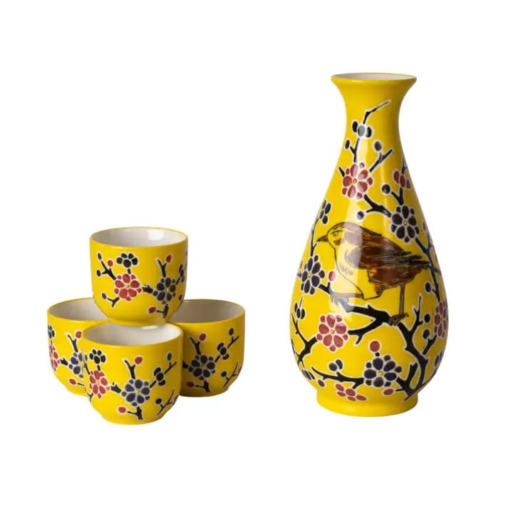 urban tokyo Yellow Flower Porcelain Glazed Sake Bottle & 4 Cups Gift ...