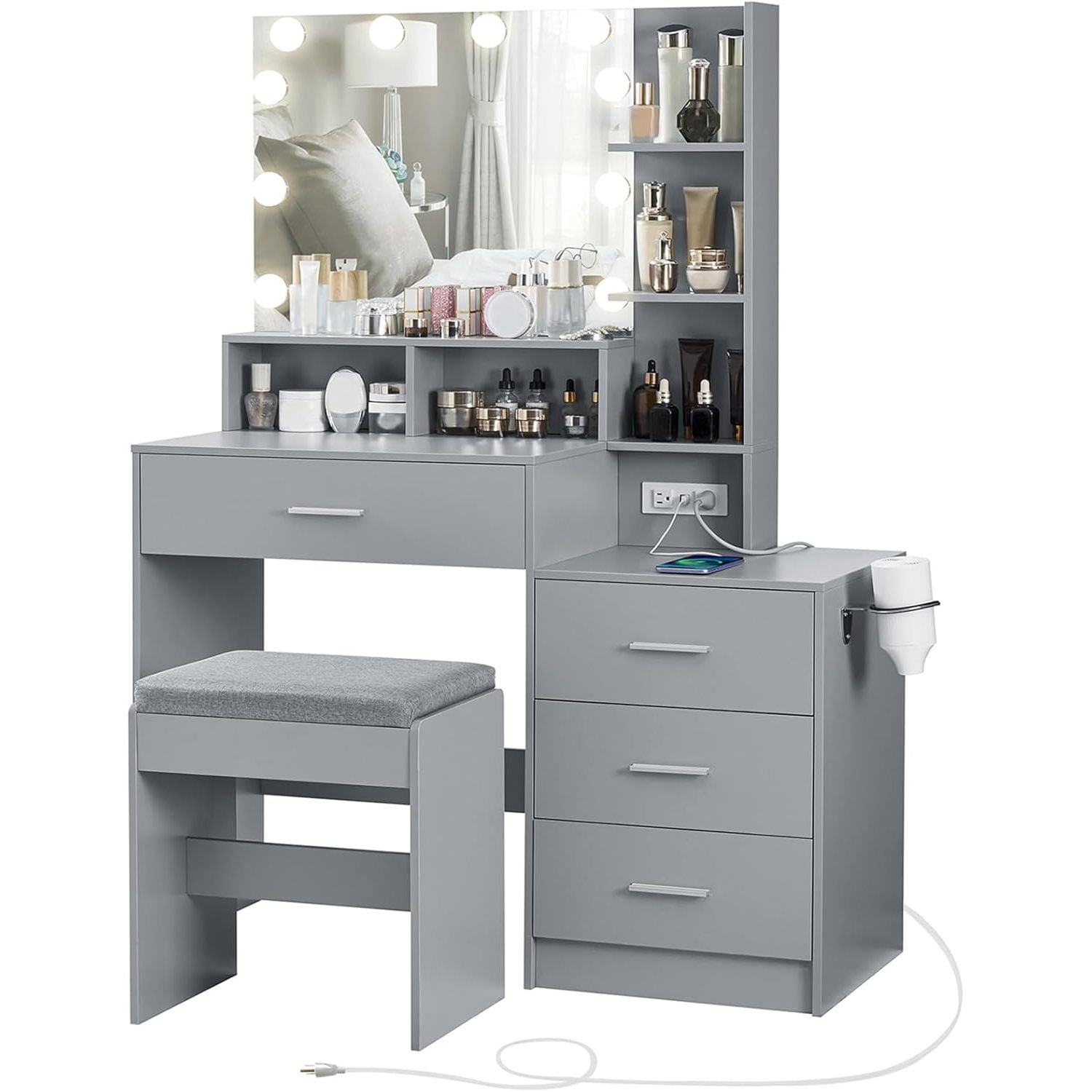 usikey Large Vanity Table Set with Lighted Mirror & Charging Station ...