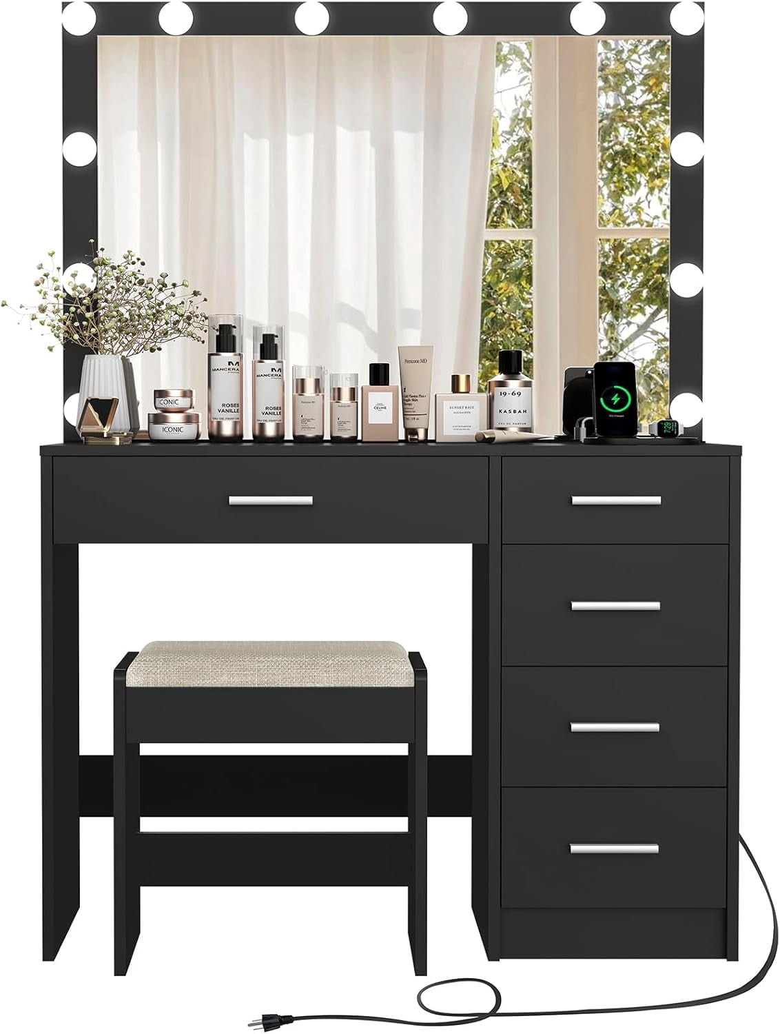 usikey Vanity Desk with Mirror and Lights, Makeup Vanity with Power ...