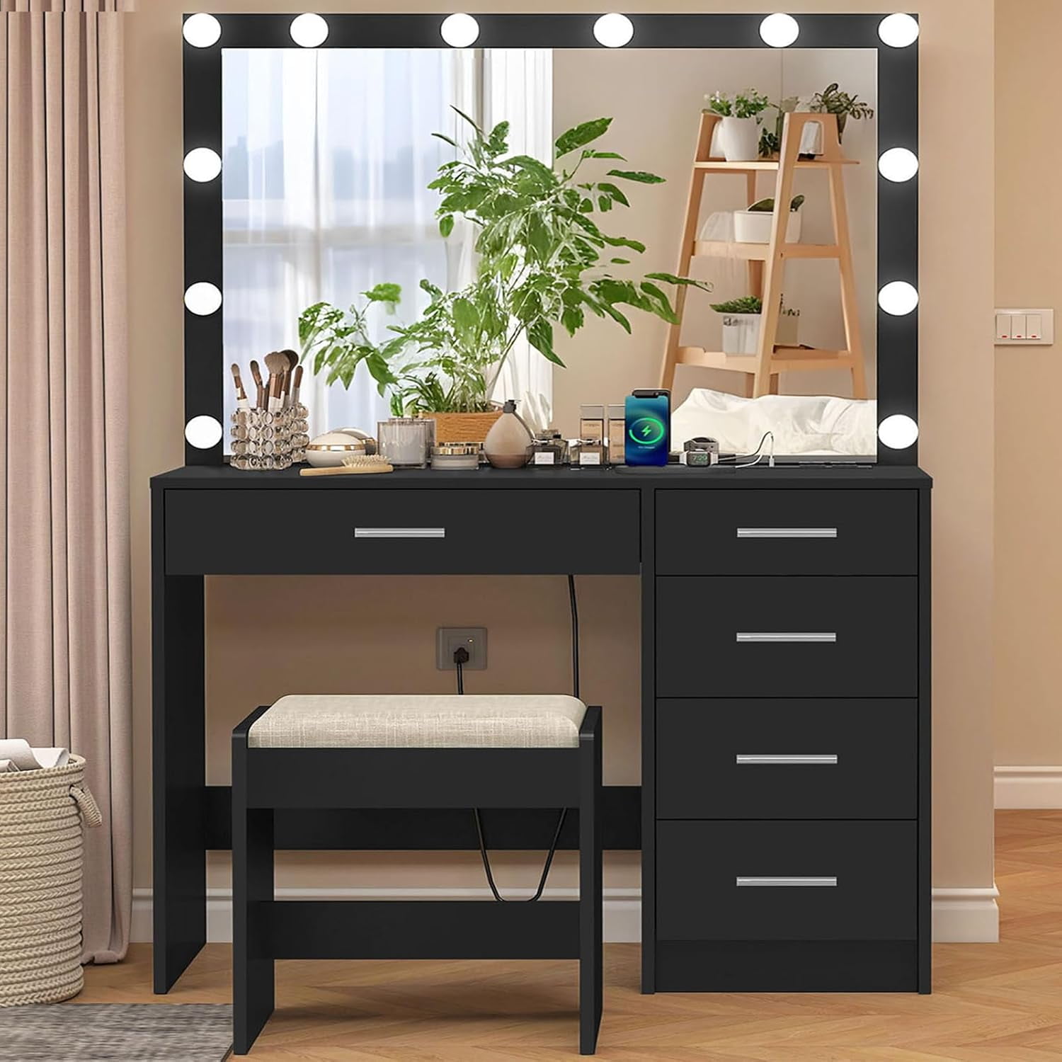 usikey Vanity Desk with Mirror and Lights, Vanity with Power Outlet ...