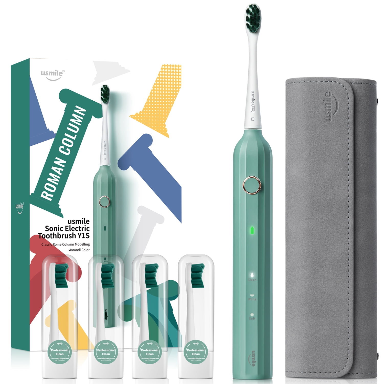 usmile Y1S Green Sonic Toothbrush, USB Rechargeable, 3 Modes, 4 Heads, Smart Timer, Travel Case ...