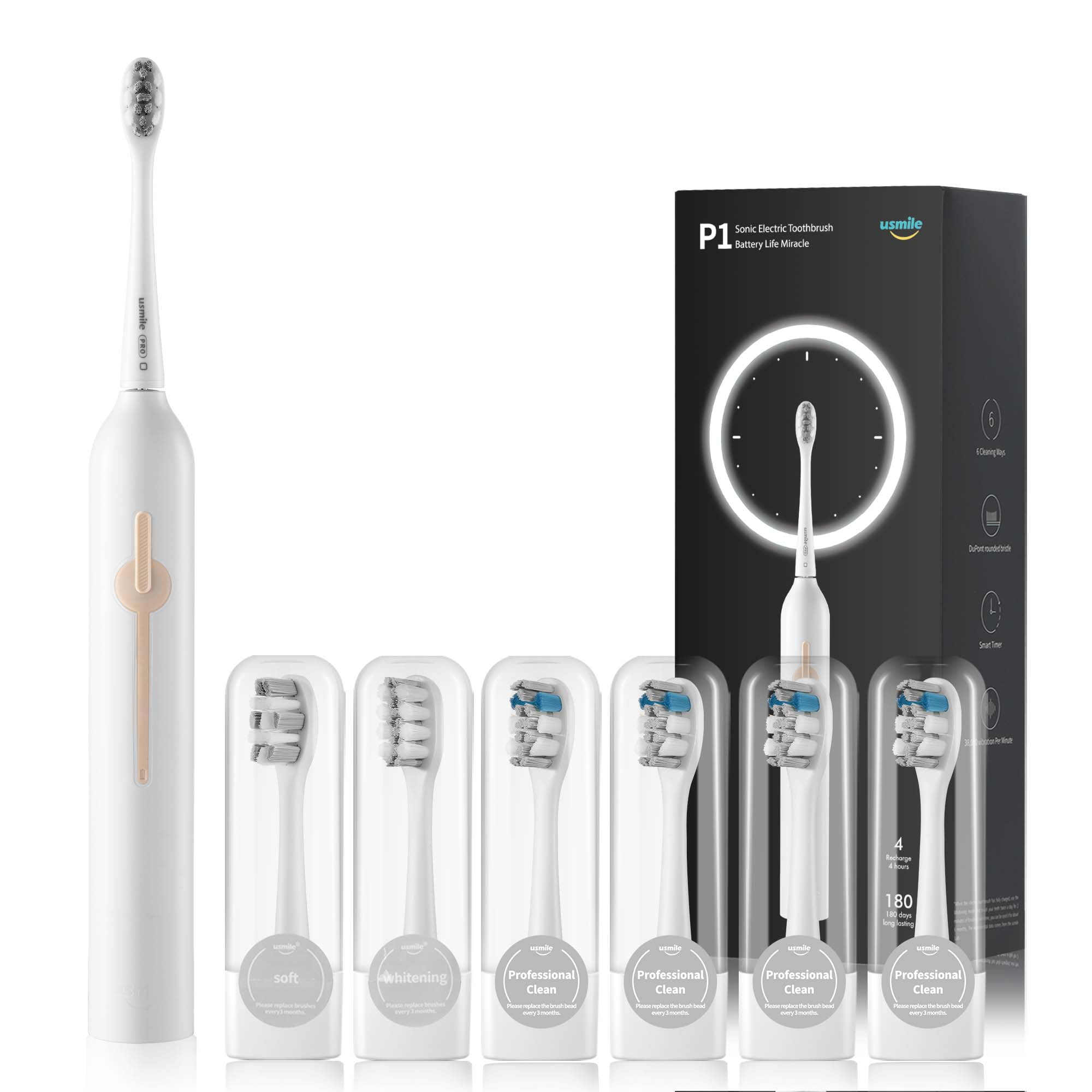 usmile Electric Toothbrush with 6 Brush Heads for Adults, Rechargeable Toothbrush with 3 Modes ...