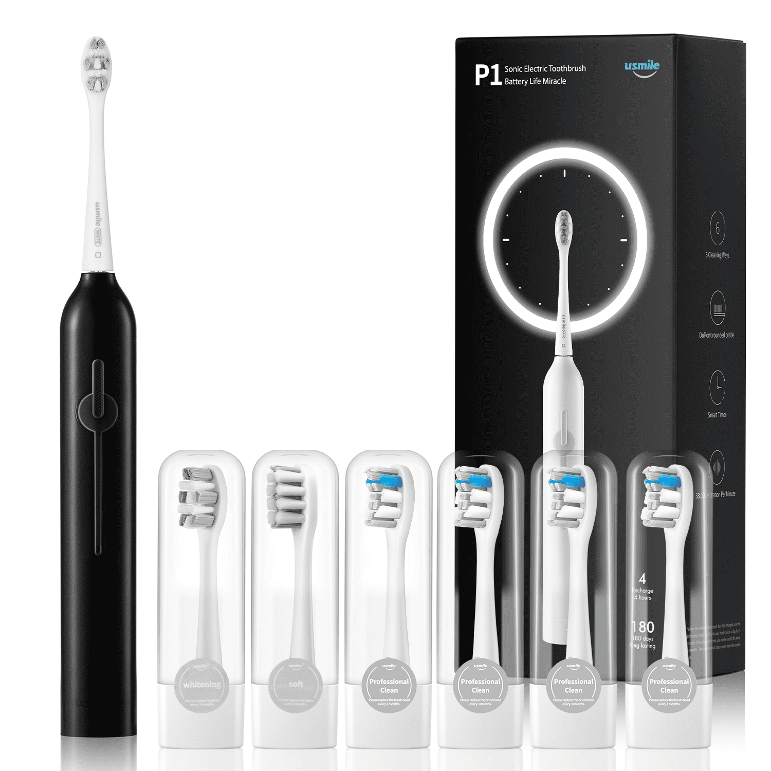 usmile P1 Sonic Electronic Toothbrush for Adults, 3 Modes, 6 Brush ...