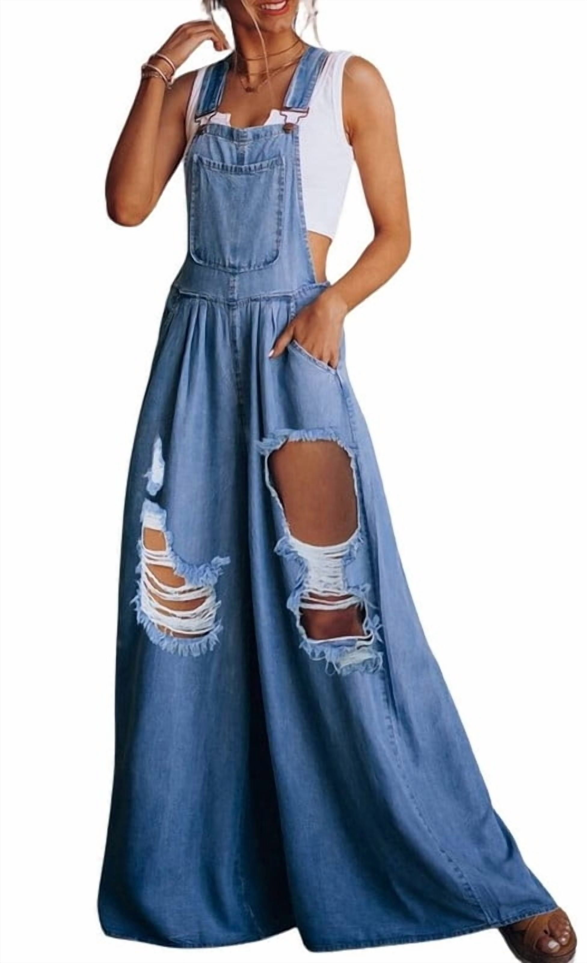 utcoco Women's Casual Loose Denim Overalls Adjustable Strap Wide Leg ...