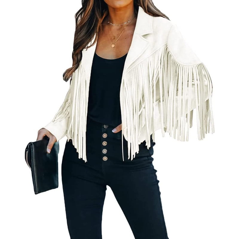 utcoco Women's Short Fringe Leather Jacket Moto Biker Open Front Tassel ...