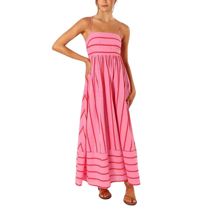 utcoco Women's Summer Striped A Line Long Dress Back Smocked Maxi ...