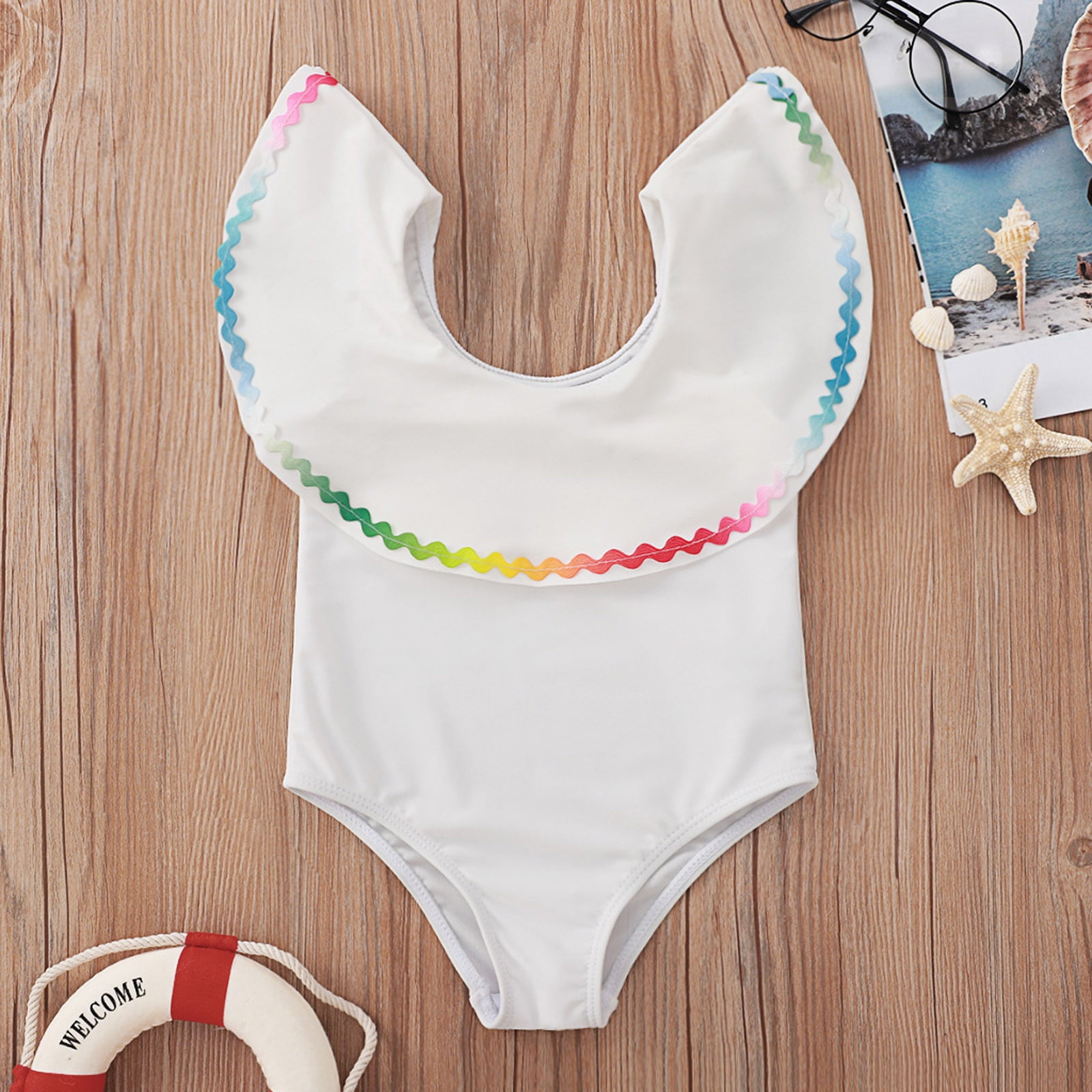 uublik Baby Swimsuit Girl Wave Flying Sleeves Embroidery One-piece ...