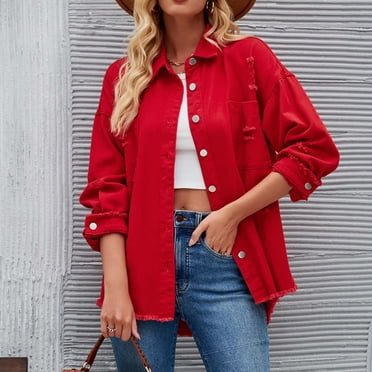 Women's Basic Button Down Stretch Fitted Long Sleeves Denim Jean Jacket ...