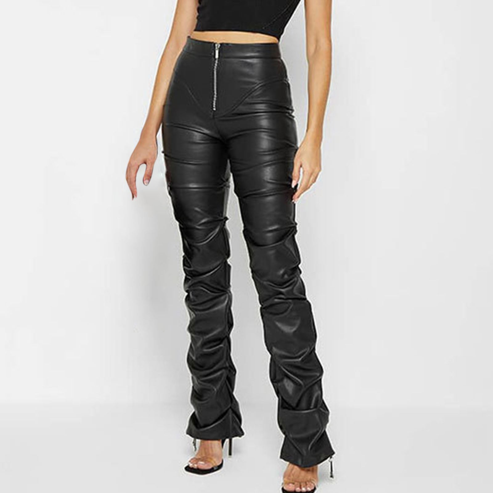 uublik Faux Leather Pants for Women Skinny Personality Zipper Flare ...