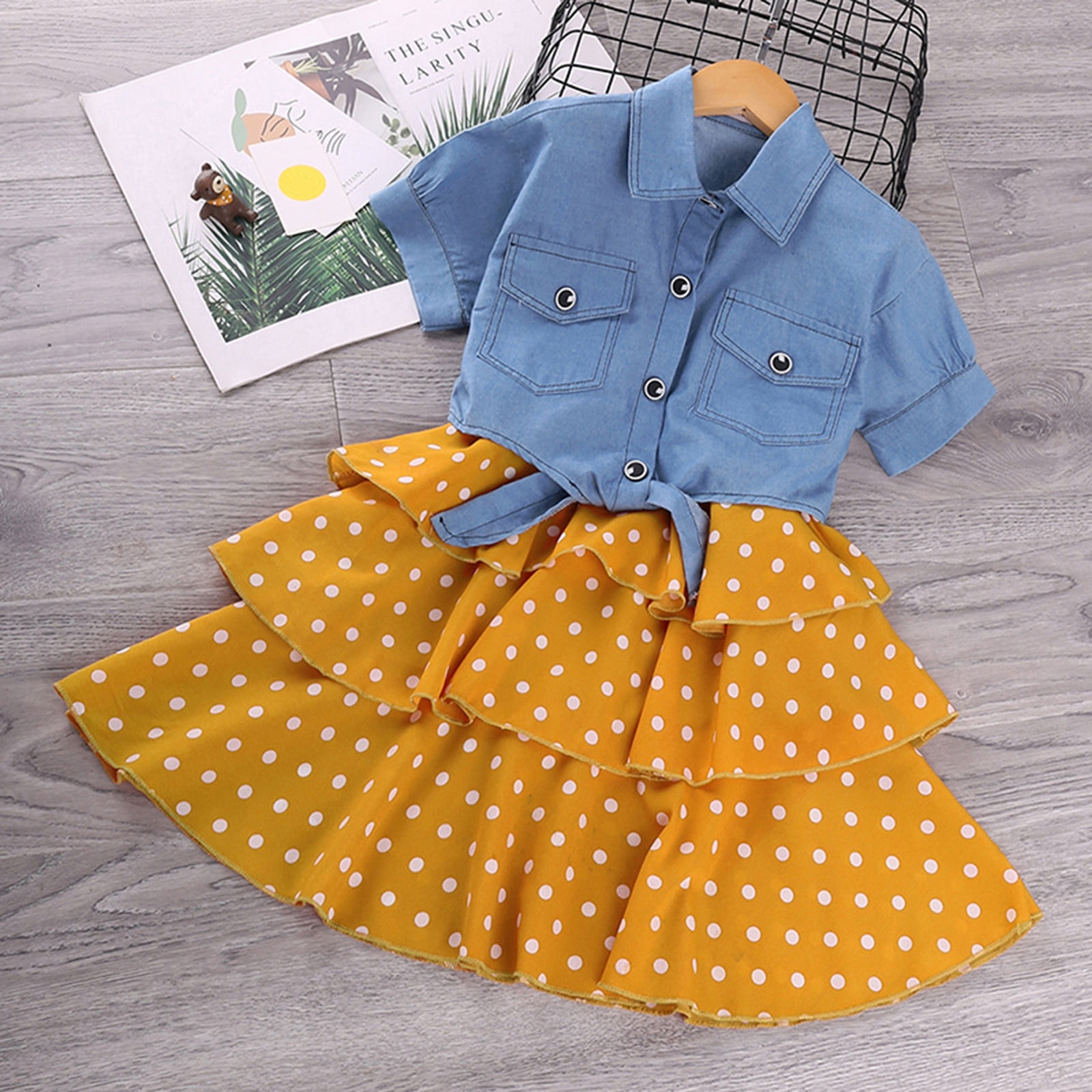 uublik Girl Dress Sets Short Sleeve Denim Jacket Polka Dot Suspender ...