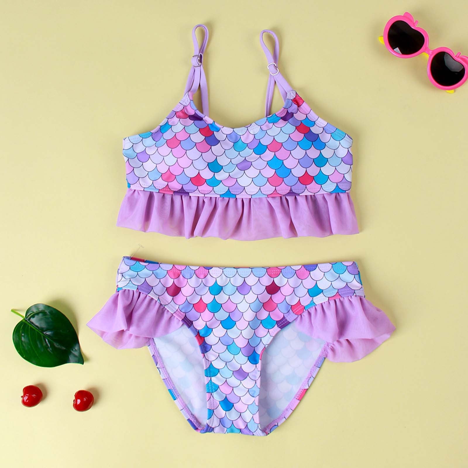 uublik Girls 2 Piece Swimsuit Summer Strap-print Ruffled Gradient ...