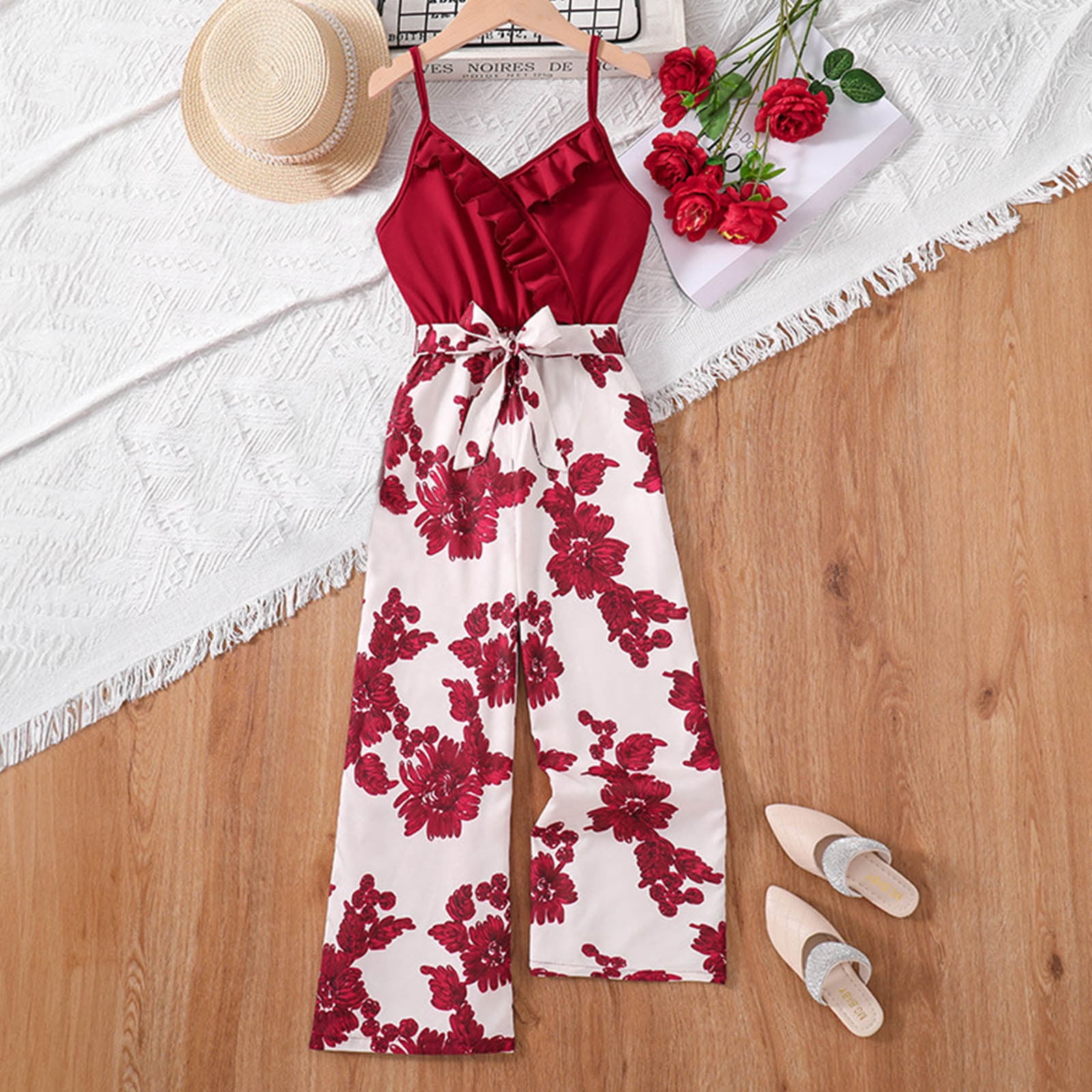 uublik Girls' Jumpsuits & Rompers Strap Loose Printed Romper Long Pants ...