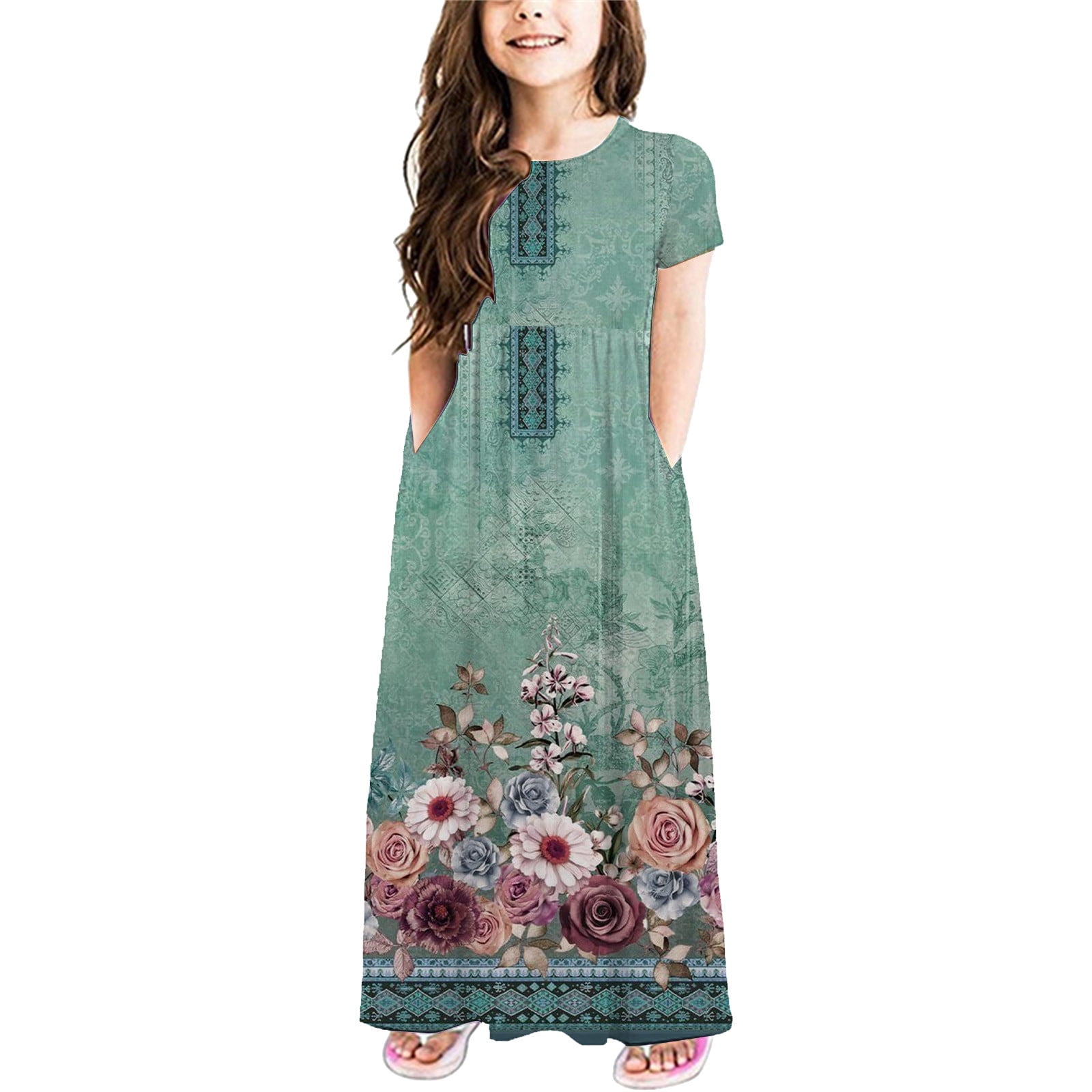 uublik Girls Maxi Dress Cute Short Sleeve Flower Multicolour Print ...