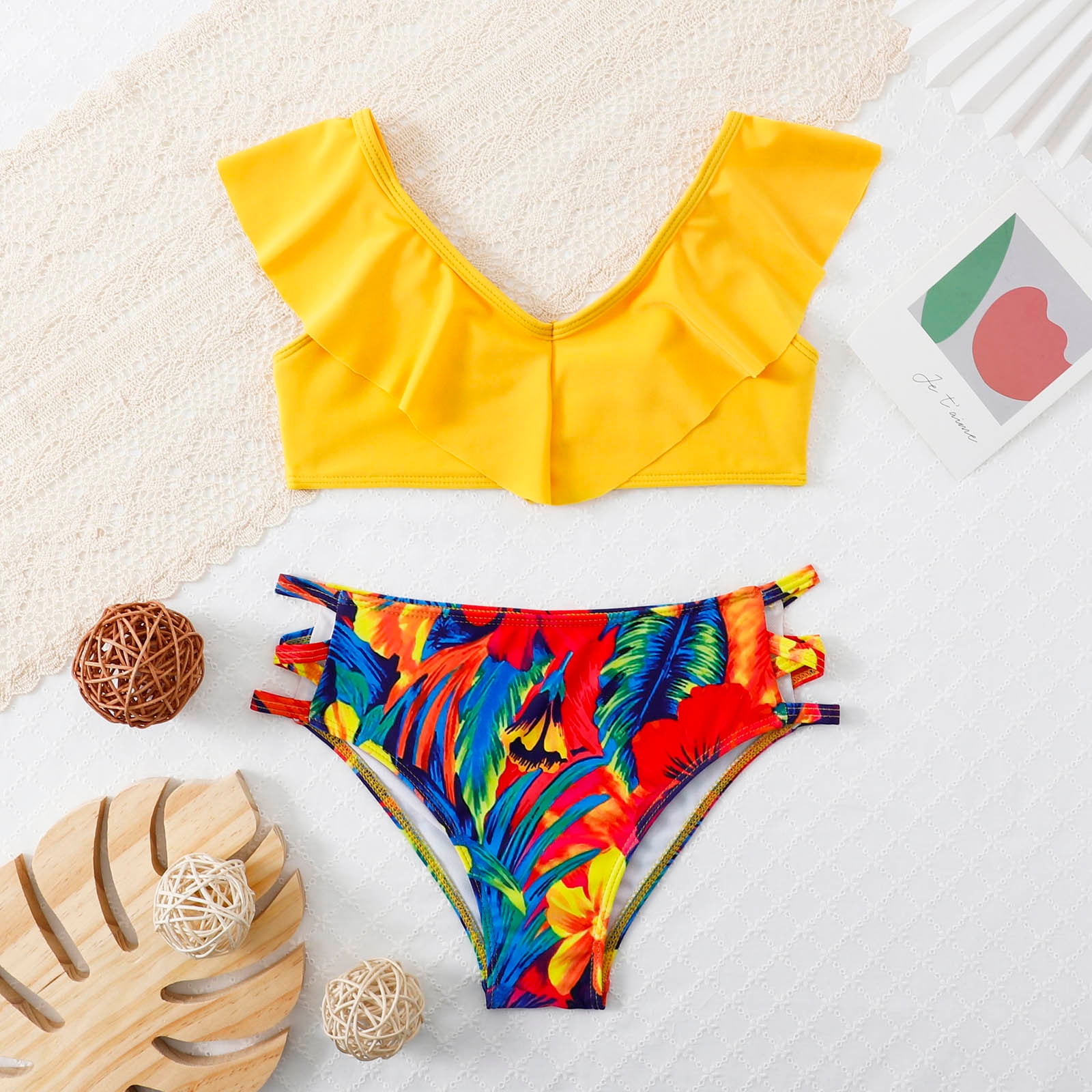uublik Girls Swimsuit with Shorts Two Piece Bikini Swimsuit Kids Ruffle ...