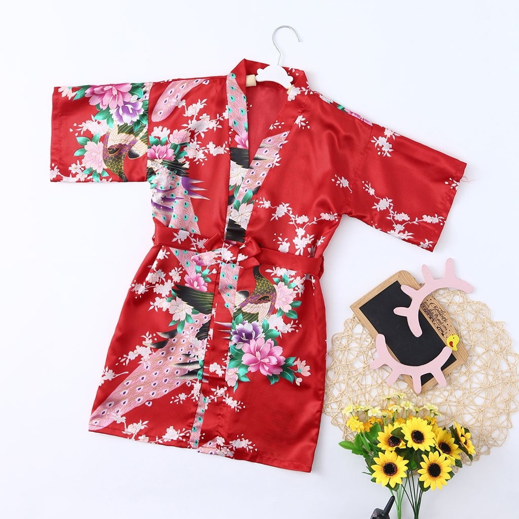 uublik Kids Robe Flower Print Cozy Silk Satin Kimono Robes Solid Colour ...