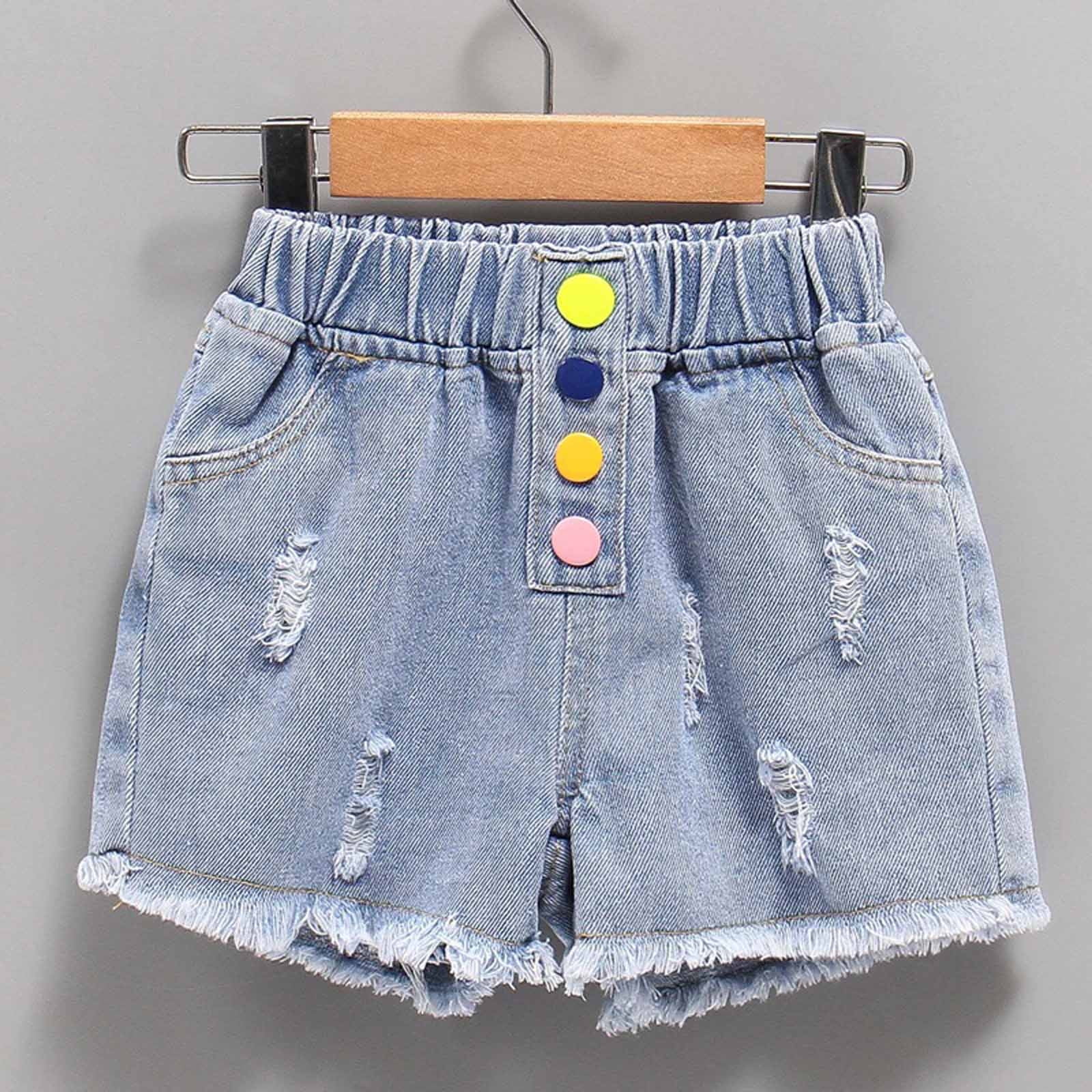 uublik Little Girl Denim Shorts Elastic Waistband Bright Hole Denim ...