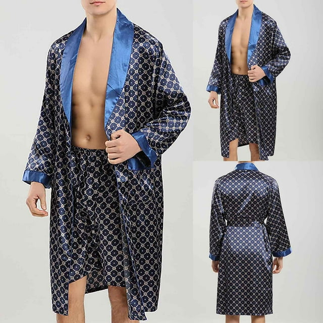 uublik Men's Bathrobes Lace-up Printed Pocketed Simulated Silk Long ...