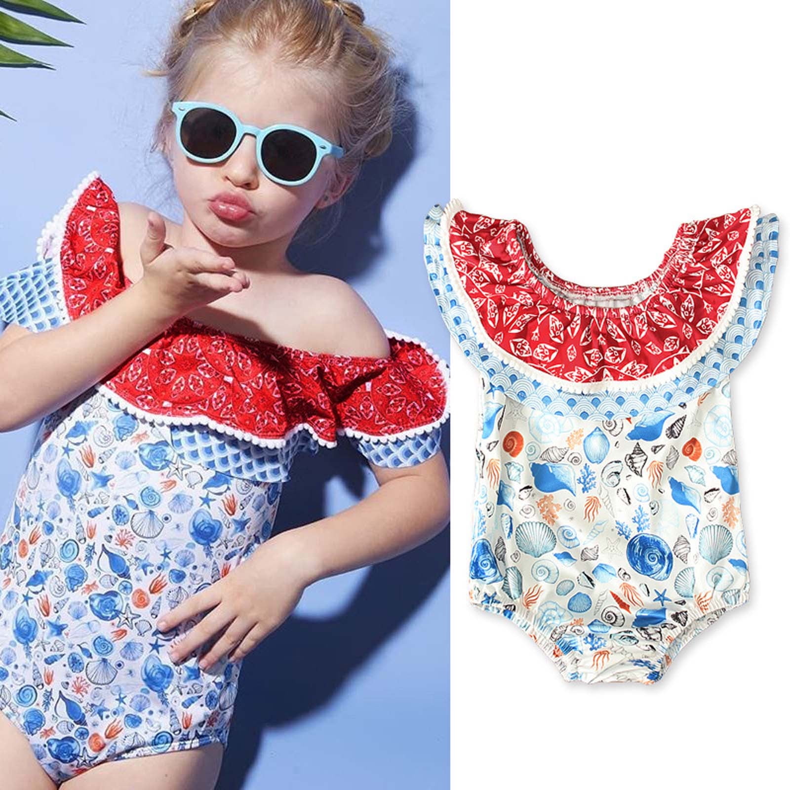 uublik Toddler Swimsuit Girl One-Shoulder Shell Cute Pattern One-Piece Swimsuit, Sizes 9M-4T ...