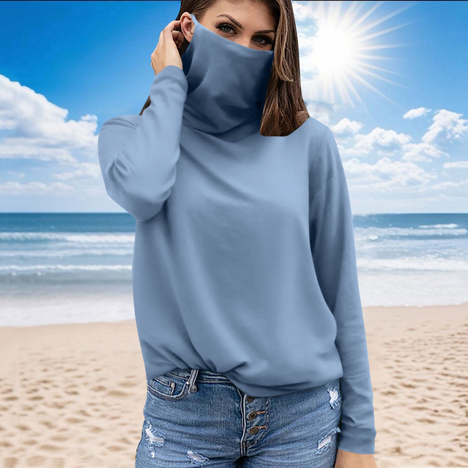uublik Womens Sun Shirts Sun Protection Long Sleeve Light Blue Everyday ...