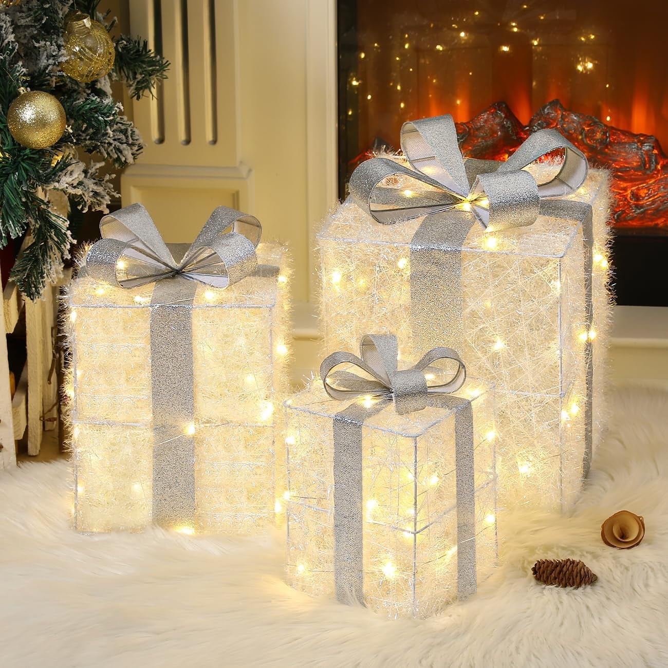 uxspire LED Gift Boxes Set of 3, Battery Operated, Metal Frame, White ...