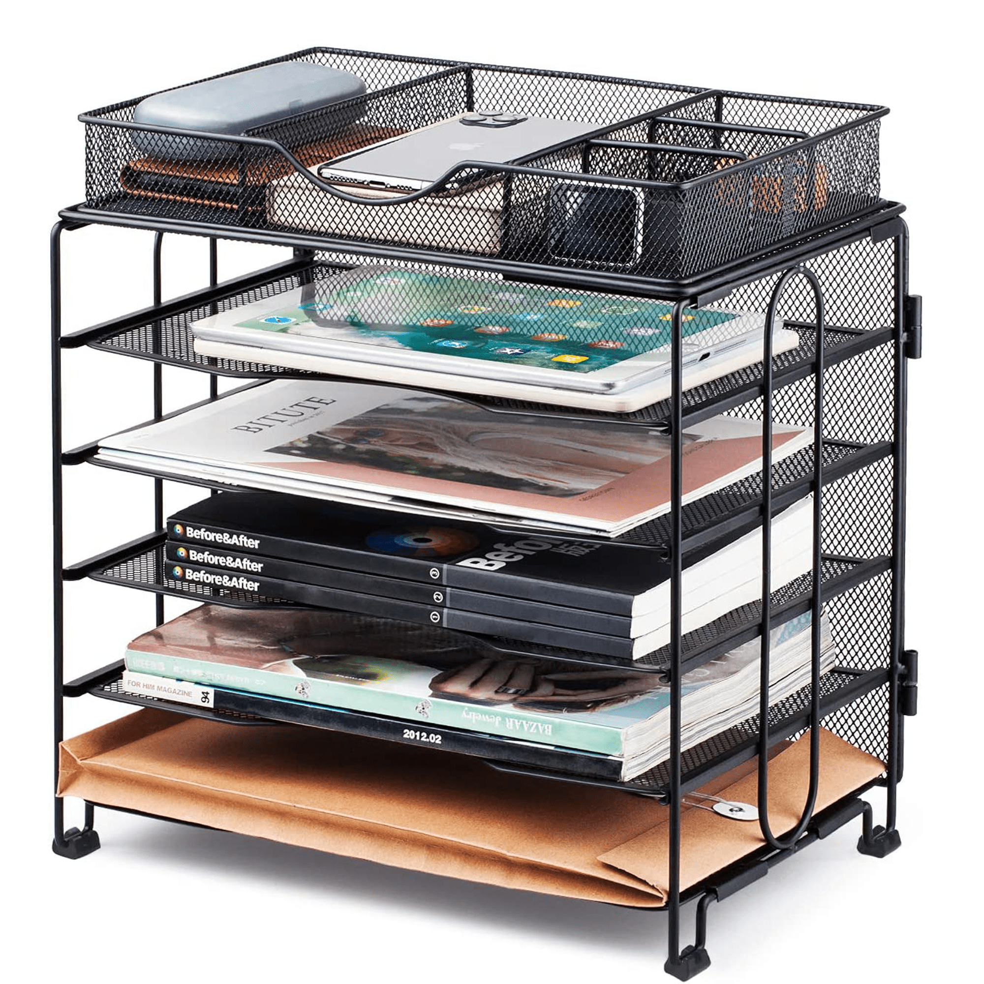 uyoyous 5-Tier Black Metal Desk File Organizer with Sliding Drawer, for ...