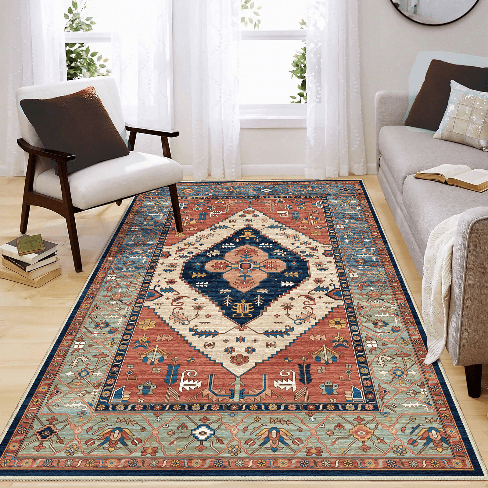 uzus Thin Washable Vintage Area Beige & Brick Red Rug, 3'x5' Non-Slip ...